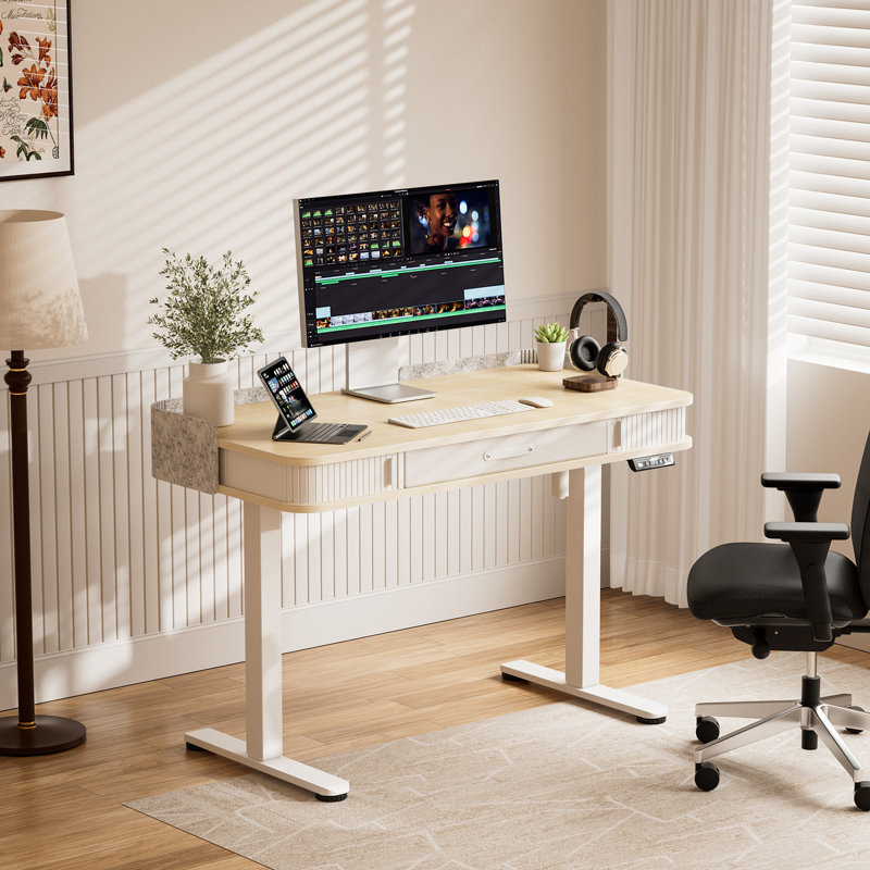 Marshun 48 W Height Adjustable Rectangle Electric Standing Computer Desk Home Office Desk with Drawers Inbox Zero Color Top Frame Vintage Brown